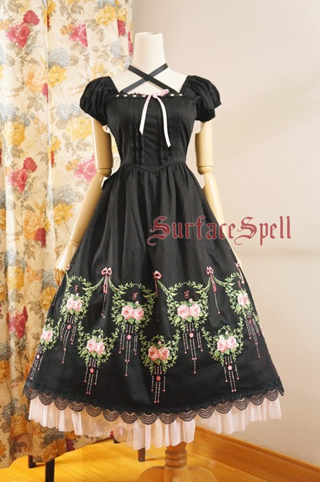 Surface Spell Dancing Roses Embroidery OP Dress $99.99-Cotton Girls Dresses