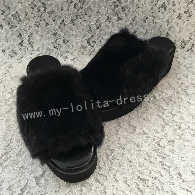 Black Imitate Bunny Furs Lolita High Platform Sandals $-Sweet Lolita Shoes