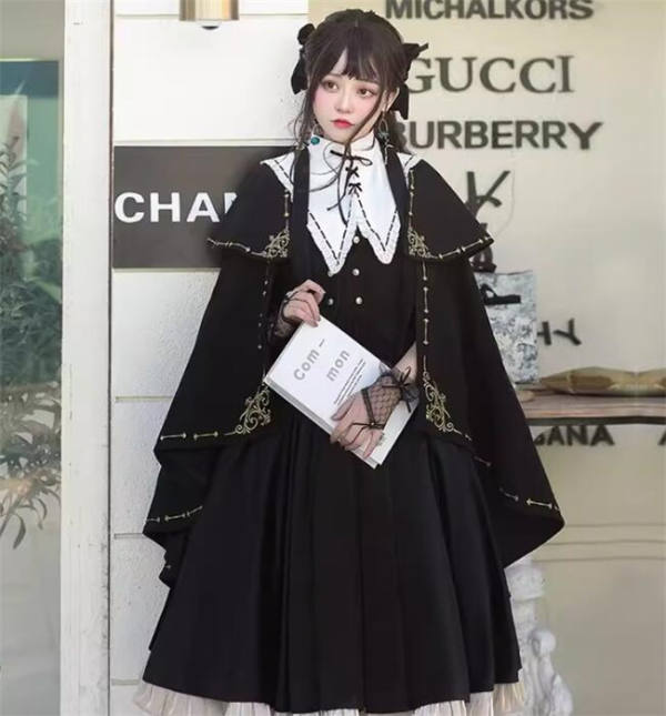 College Style Gold Embroidery Lolita Cape and One Piece -My Lolita Dress
