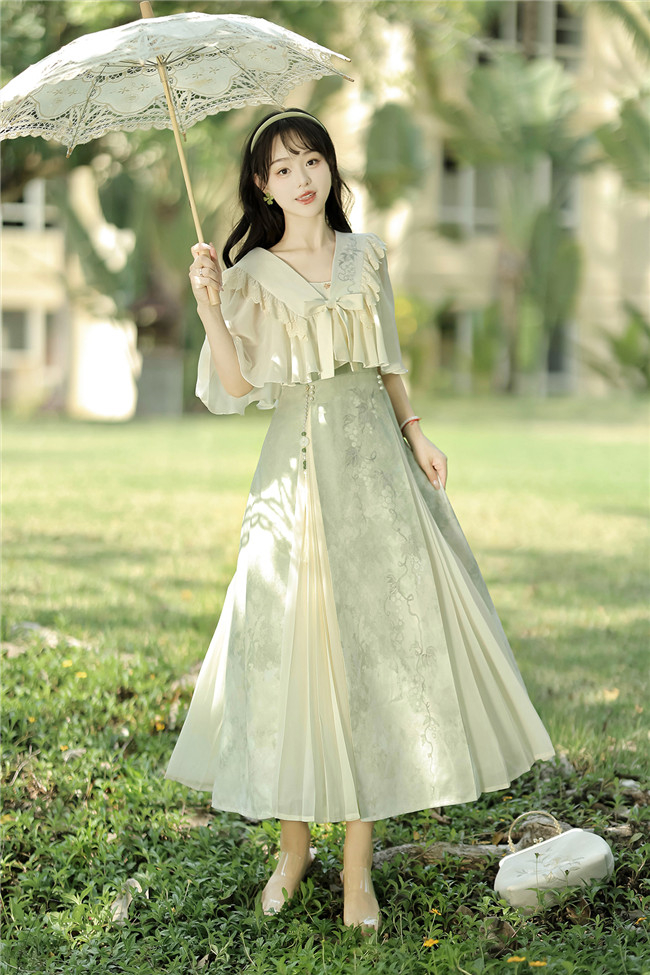 Green Grape Print Hanfu Jumper Dress and Tippet- My Lolita Dress