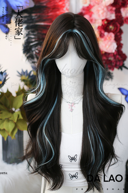 Dalao Home Eight-figure Fringe Blue Highlight Long Curly Wig