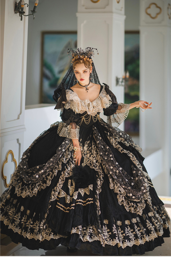 Airfreeing Heavy Design Black Rococo Classic Wedding Dress Full Set