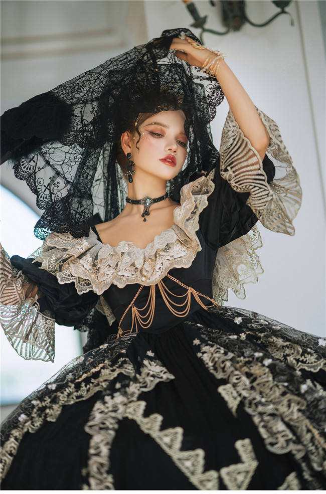 Airfreeing Heavy Design Black Rococo Classic Wedding Dress Full Set