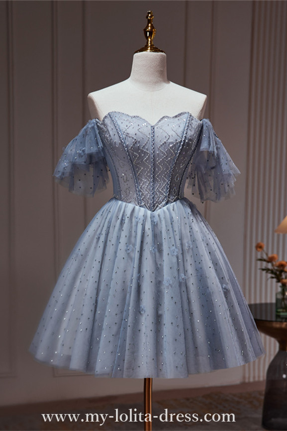 Grey Blue Off Shoulder Short Princess Formal Dress