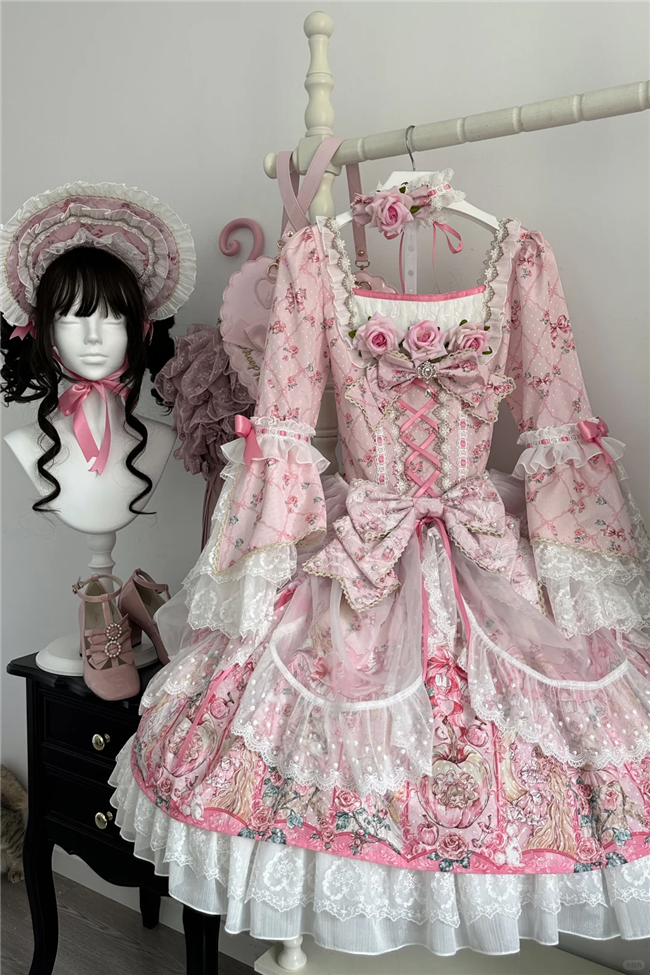 Romantic Rose Puff Sleeves Pink OP Lolita Set