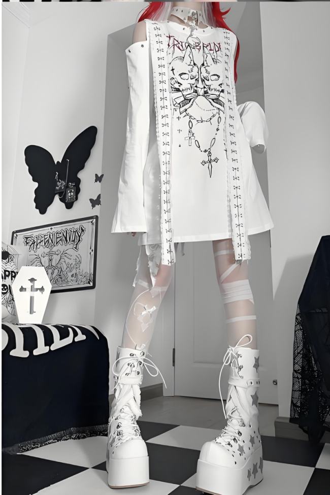 Tricuspid C Sleepwalking Off Shoulder Printed Top Jirai Kei Clothes